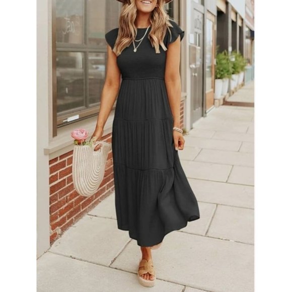 Merokeety | Dresses | Merokeety Womens Flutter Black Smocked Midi Dress ...